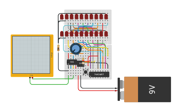 Circuit design 555 + 74HC4017 - Tinkercad