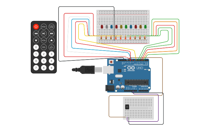 Circuit design Copy of Control LEDs using IR remote and library | Tinkercad Circuit design Copy of Control LEDs using IR remote and library | Tinkercad