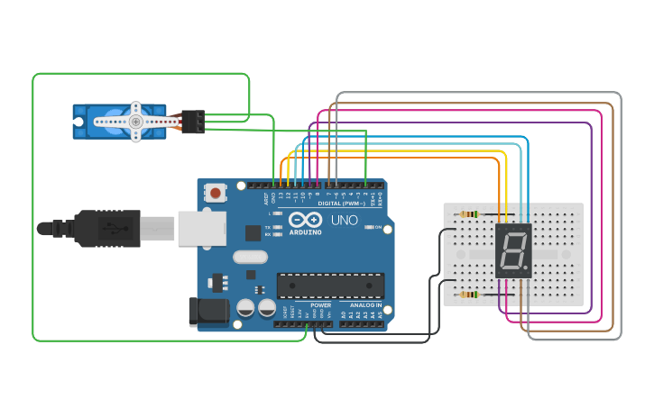 Circuit design 7segment+Servo - Tinkercad
