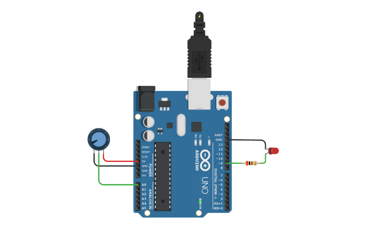 Circuit design Analog Read Mengontrol Kecerahan LED dengan Potensiometer - Tinkercad