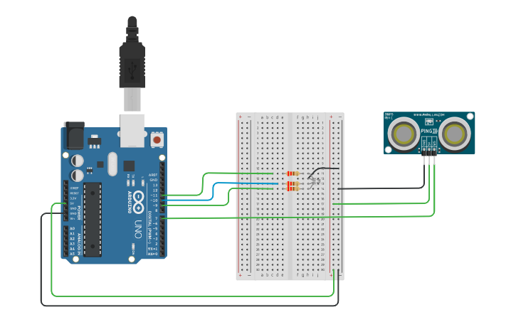 Circuit design Ultrasonic Sensor and RGB | Tinkercad