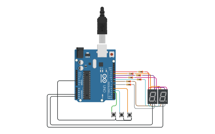 Circuit design EJ7-Arduino con pulsador y 2 Display - Tinkercad