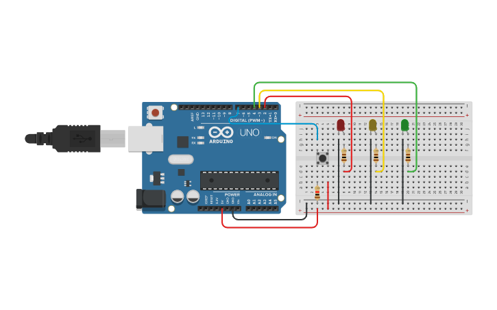 Circuit design Three LED with button push - Tinkercad