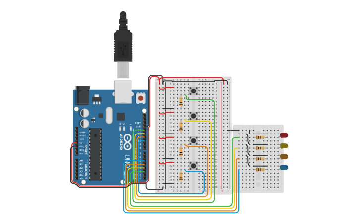 Circuit design Lezione 7 esercizio 2-array e funzioni esterne con blink diversi - Tinkercad