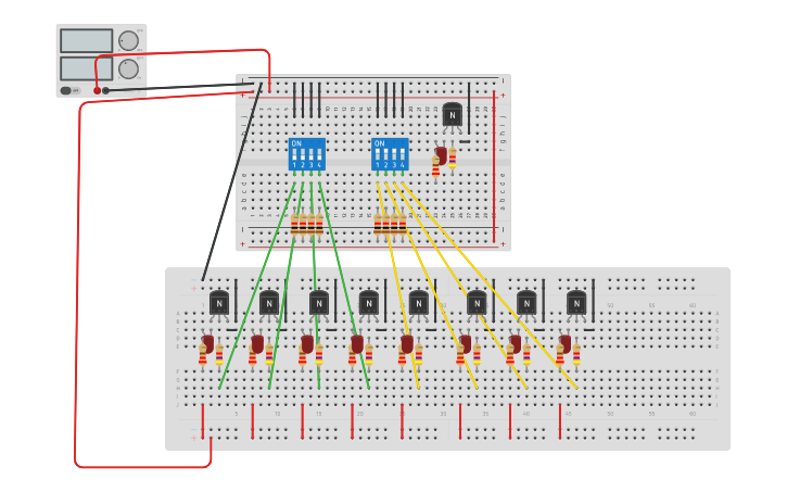 Circuit design Labo1 : dip switches + 8 leds | Tinkercad