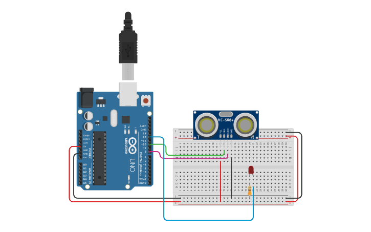 Circuit design 03 Ultrasonic Distance Sensor w LED - Tinkercad
