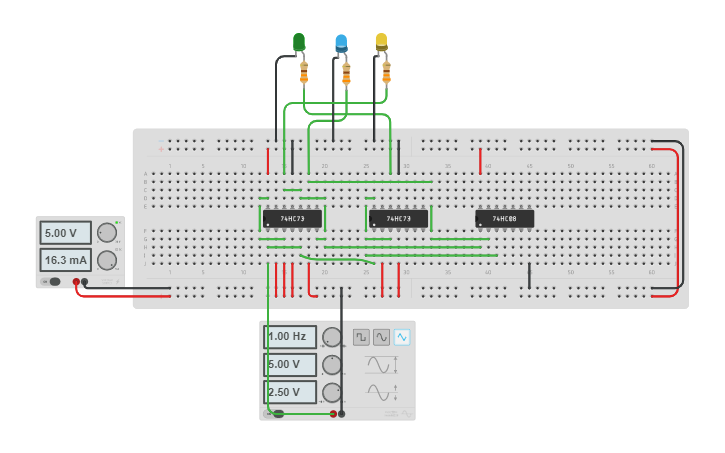 Circuit design 3-bit Counter using JK Flip-Flop - Tinkercad Circuit design 3-bit Counter using JK Flip-Flop - Tinkercad