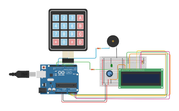 Circuit design Alarma con teclado y LCD - Tinkercad