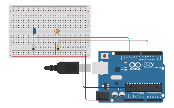 Circuit design LED WITH LDR SENSOR - Tinkercad