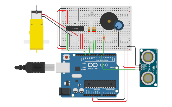 Circuit design Automatic Braking System and Distance Sensor - Tinkercad