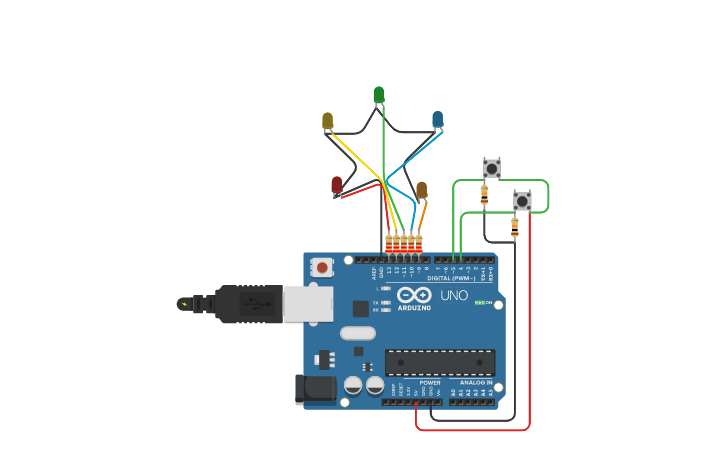 Circuit design 2 button 5 led - Tinkercad