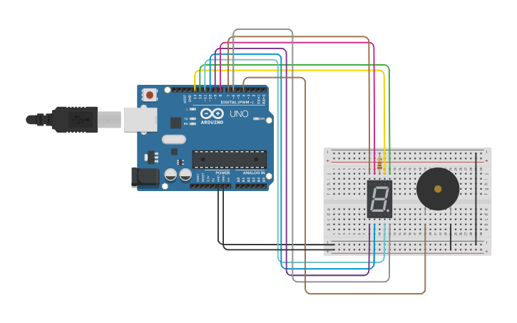 Circuit design Práctica 2 - Display 7 segmentos - Tinkercad