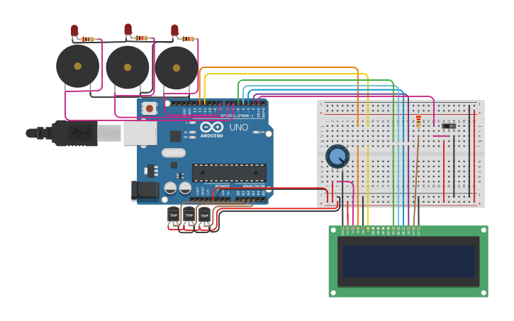 Circuit design 3 buzzer 3 led | Tinkercad