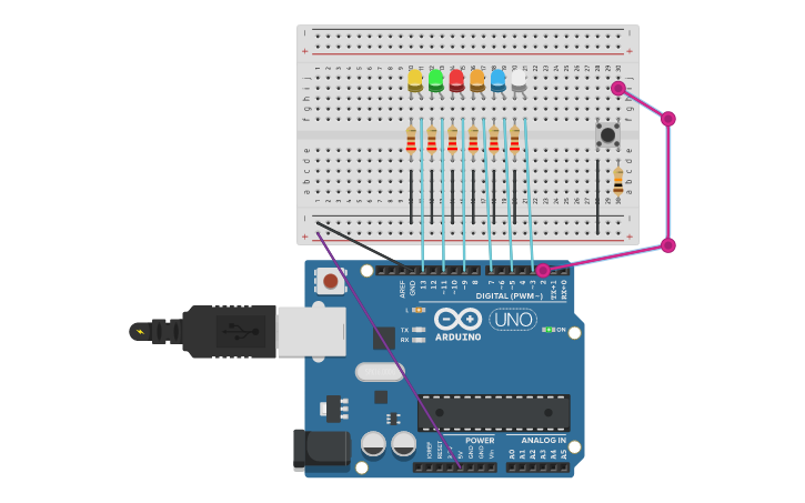 Circuit design Ejercicio 4 Secuencia de leds con pulsador | Tinkercad Circuit design Ejercicio 4 Secuencia de leds con pulsador | Tinkercad