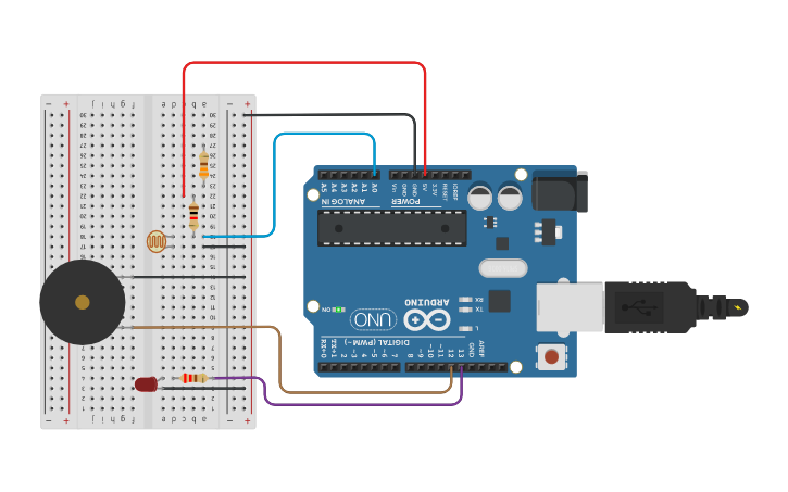 Circuit design alarm dari Buzzer LED dan LDR | Tinkercad