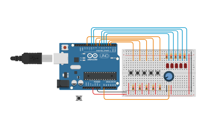 Circuit design 5 buttons and leds, 1 potmeter | Tinkercad