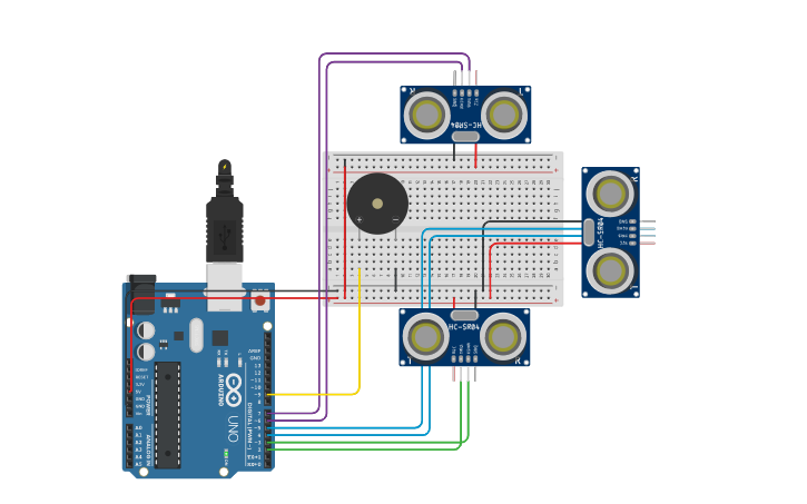 Circuit design Bastón para ciegos 3 Sensores - Tinkercad