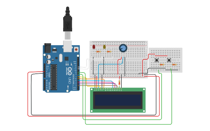 Circuit design PRACTICA #9 .2 LCD CON INDICADORES LED - Tinkercad