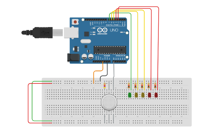 Circuit design Smoke Detection Using Gas Sensor 1 | Tinkercad