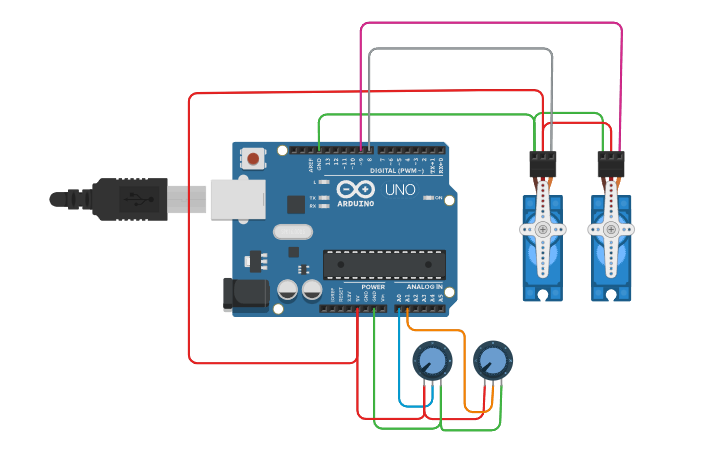 Circuit Design Arduino Two Servo Motors Control Using Pot Tinkercad