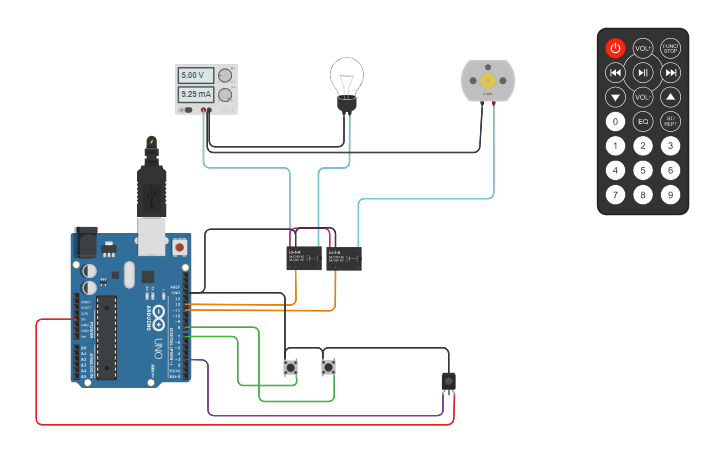 Circuit design Arduino Uno - IR controller for light and motor - Tinkercad Circuit design Arduino Uno - IR controller for light and motor - Tinkercad