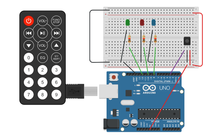 Circuit design control LED's with an IR remote - Tinkercad