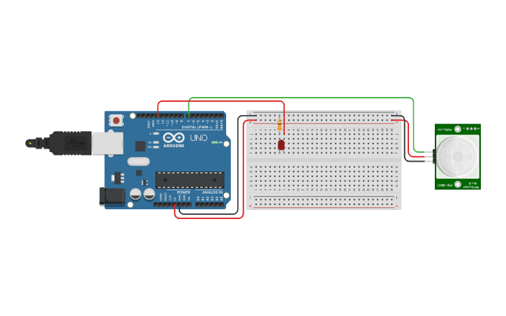 Circuit design Practica 7. Sensor PIR | Tinkercad
