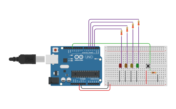 Circuit design 4 LED chenillard - Tinkercad