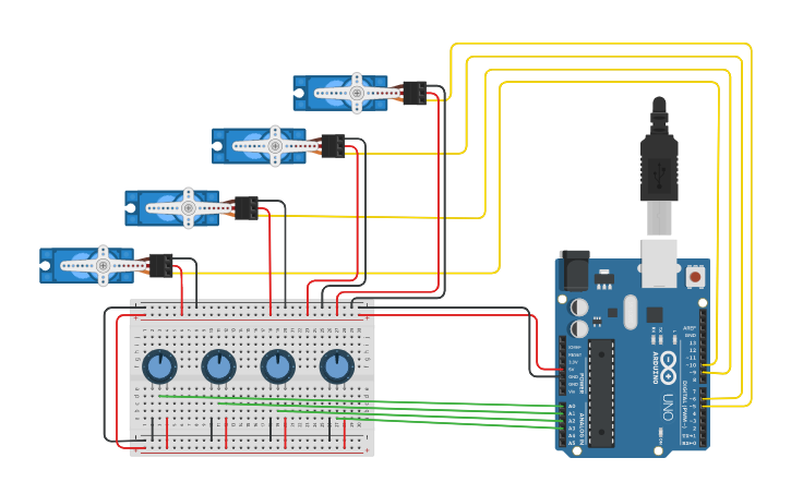 Circuit Design Desafio 5 Controle 4 Servomotores Tinkercad