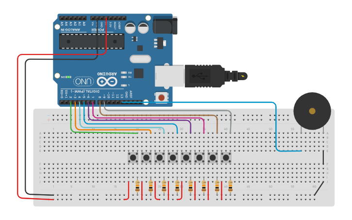 Circuit design Piano With Buzzer-Фортепиано | Tinkercad