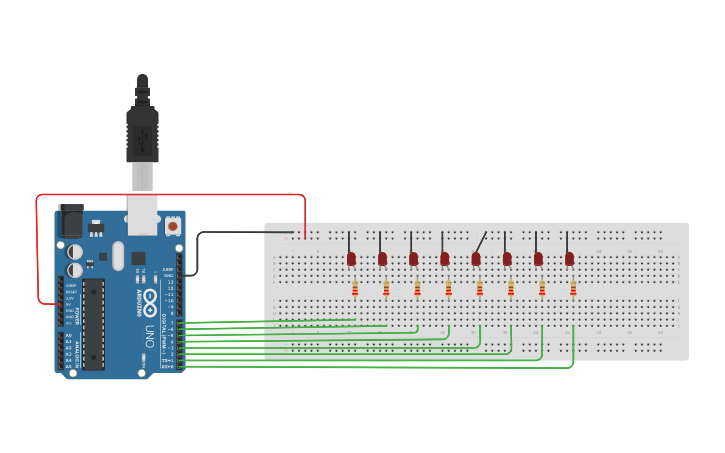 Circuit design 8 LEDs on PORTD start - Tinkercad