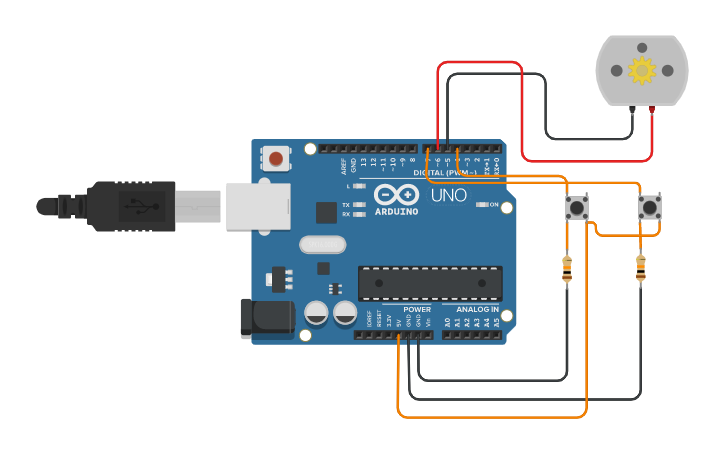 Circuit design Interfacing DC Motor with On-Off Button | Tinkercad