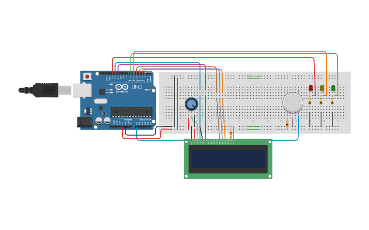 Circuit design Gas Sensor with led and lcd Display - Tinkercad