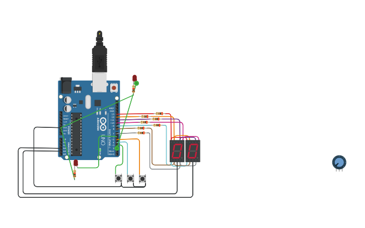 Circuit design Copy of EJ7-Arduino con pulsador y 2 Display - Tinkercad