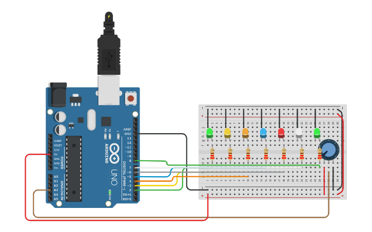 Circuit design SECUENCIAS 7 LEDS CON POTENCIOMETRO/APAGAN IMPARES | Tinkercad