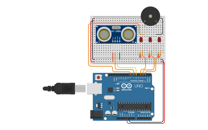 Circuit design DISTANCE SENSOR WITH LED AND BUZZER - Tinkercad