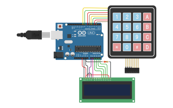 Circuit design Exercício interface Teclado e LCD | Tinkercad