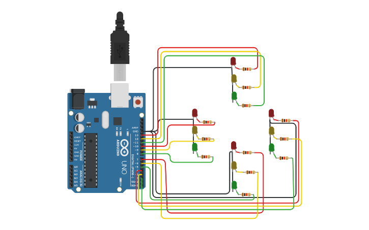 Circuit design 4 way traffic control System - Tinkercad