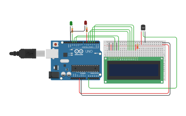 Circuit design Temperature sensor and LCD Display - Tinkercad