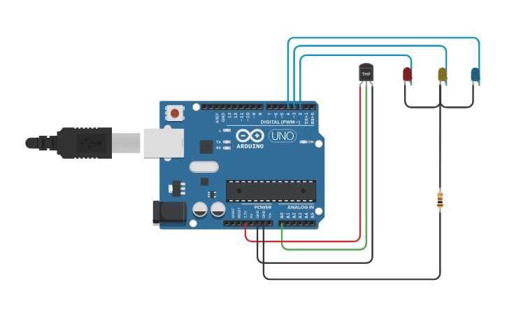 Circuit design On-chip Temperature measurement through ADC - Tinkercad