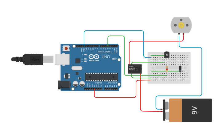 Circuit design Relay with DC Motor - Tinkercad