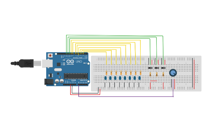 Circuit design CT 318 - OMRESO - BIT III-A - MODULE 02 - LEDs USING POTMTR P3 - Tinkercad