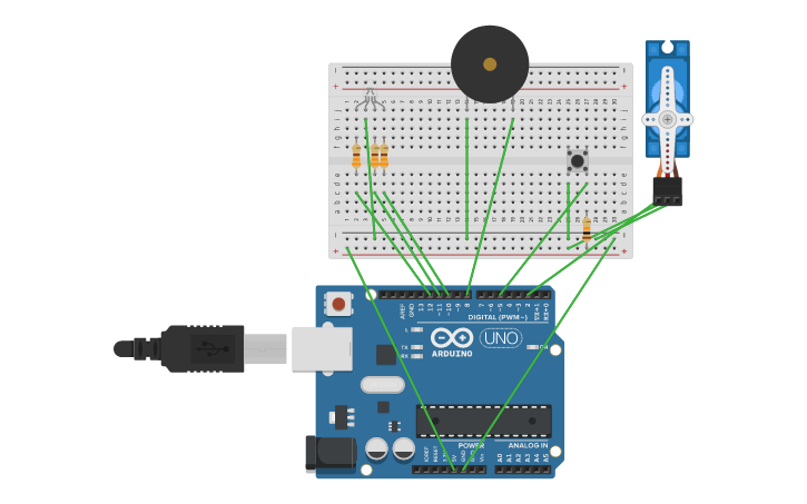 Circuit design Exame Arduino II (1º Bac) - SANTIAGO 1 BAC A | Tinkercad