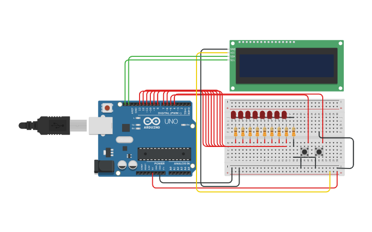 Circuit design Copy of running led with pb and lcd - Tinkercad