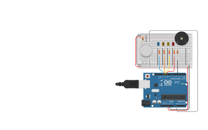 Circuit design Gas Sensor with Buzzer LED - Tinkercad