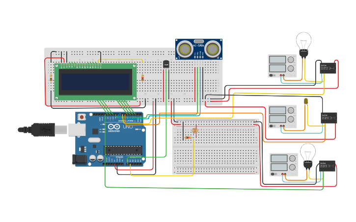 Circuit Design Sensor Suhu Ultrasonik Cahaya Tinkercad 