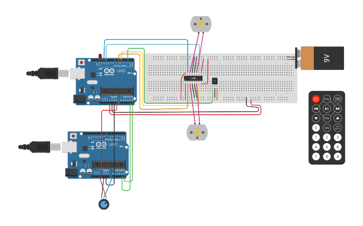 Circuit design Master&Slave I2C_IR remote control on two motors - Tinkercad