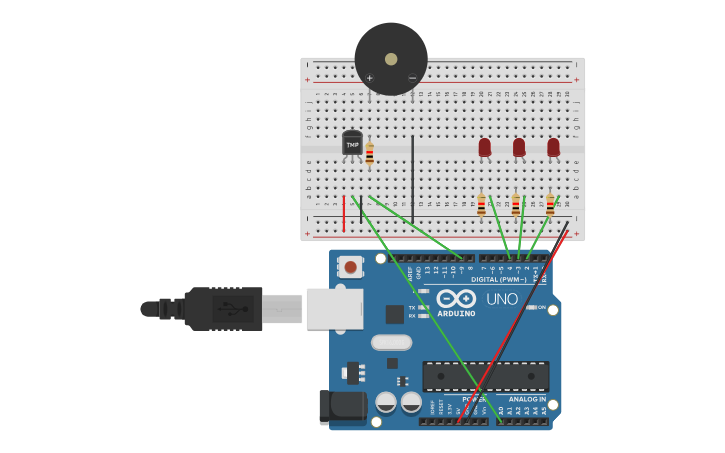 Circuit design Temperature Alarm - Tinkercad
