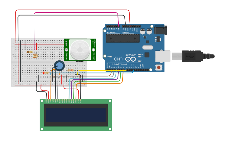 Circuit design LCD e Sensor de Movimento - Tinkercad