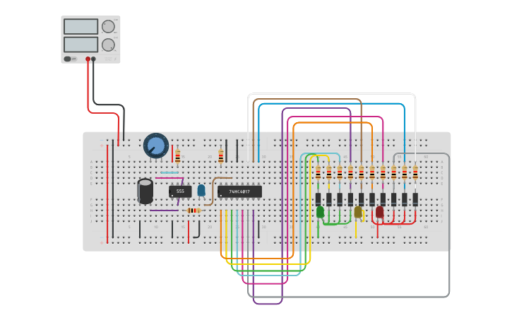 Circuit design Livewire y simulación utilizando el 74hc4017 - Tinkercad